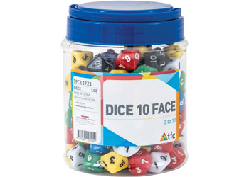 Dice: 10 Face Solid 1-10 – 100 pieces in Jar - MTA Catalogue